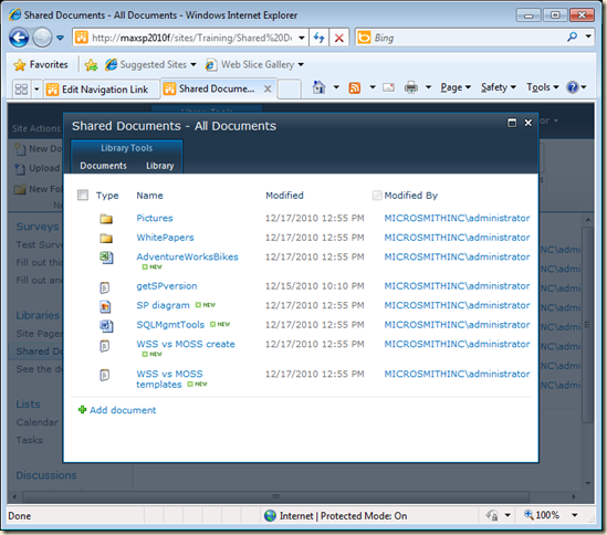 Sharepoint Opening A 2010 Dialog Box From Quick Launch Mike Smiths Tech Training Notes